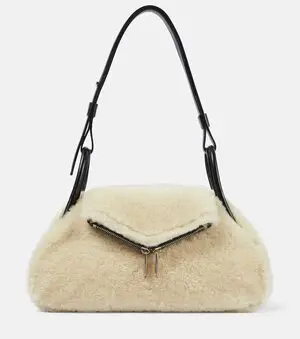 Amina Muaddi Gemini Small Shearling Shoulder Bag - Beige
