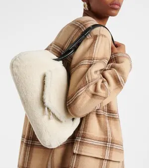 Amina Muaddi Gemini Small Shearling Shoulder Bag - Beige
