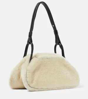 Amina Muaddi Gemini Small Shearling Shoulder Bag - Beige