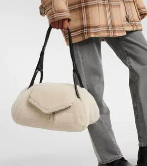 Amina Muaddi Gemini Small Shearling Shoulder Bag - Beige