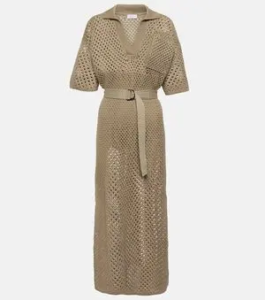 Brunello Cucinelli Cotton Mesh Polo Midi Dress - Brown