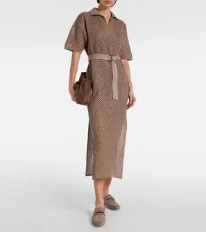 Brunello Cucinelli Cotton Mesh Polo Midi Dress - Brown