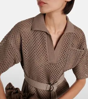 Brunello Cucinelli Cotton Mesh Polo Midi Dress - Brown