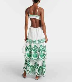 Farm Rio Flower Richelieu Linen Midi Dress In White - 30% Off