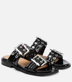 GANNI Studded Patent Leather Sandals - Black