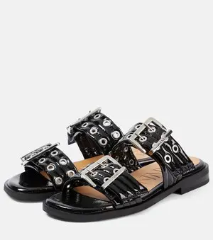 GANNI Studded Patent Leather Sandals - Black