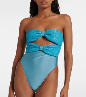 ADRIANA DEGREAS Sequined Cutout Strapless Swimsuit - Blue