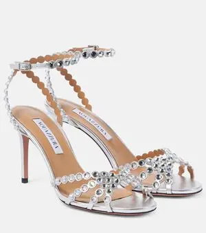 AQUAZZURA Tequila 85 Embellished Leather Sandals - Silver