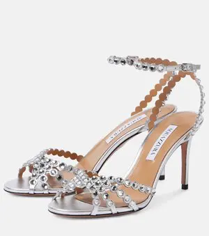 AQUAZZURA Tequila 85 Embellished Leather Sandals - Silver