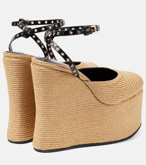 Alaïa La Leather-trimmed Paper Straw Wedges - Beige