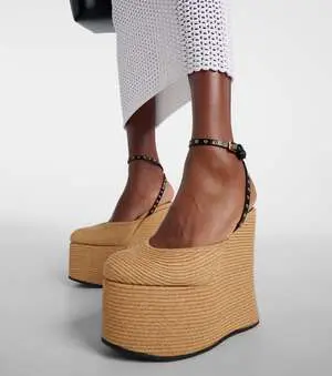 Alaïa La Leather-trimmed Paper Straw Wedges