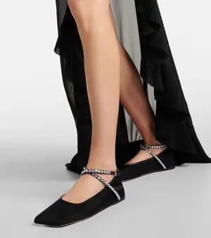 Amina Muaddi Crystal-embellished Mesh Flats - Black