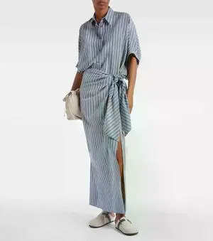 Brunello Cucinelli Striped Cotton And Silk Wrap Skirt - Blue