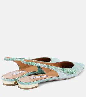 AQUAZZURA Purist Snake-effect Slingback Flats - Green