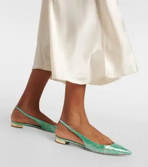 AQUAZZURA Purist Snake-effect Slingback Flats - Green
