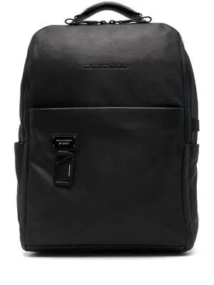 PIQUADRO Leather Logo Plaque Laptop Backpack - Black