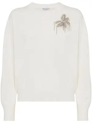 Brunello Cucinelli Embroidered Cashmere Jumper - White