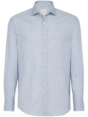 Brunello Cucinelli Geometric-pattern Cotton Shirt - Blue