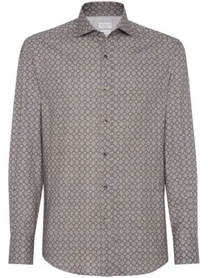 Brunello Cucinelli Geometric-pattern Cotton Shirt - Grey