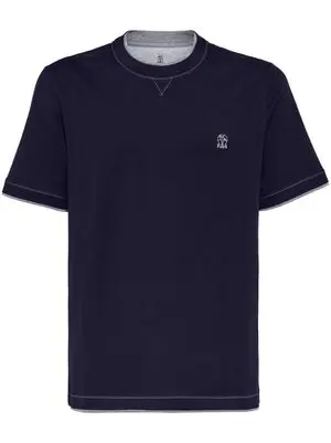 Brunello Cucinelli Logo-embroidered Contrast-trim T-shirt - Blue