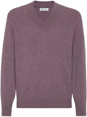 Brunello Cucinelli Ribbed V-neck Jumper - Red