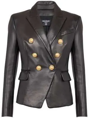 Balmain Double-breasted Leather Blazer - Black