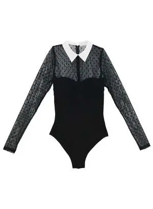 FLEUR DU MAL Collared Bodysuit With Dotted Tulle - Black