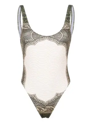 JEAN PAUL GAULTIER Cartouche-print High-cut Swimsuit - Green