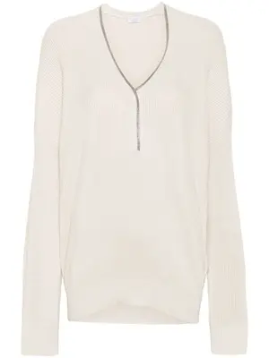 Brunello Cucinelli Ribbed Jumper With Monili Chain - Neutrals