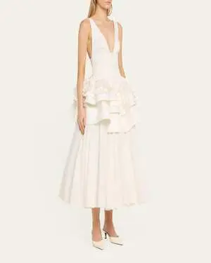 Christopher John Rogers Tiered Ruffle Peplum Midi Dress