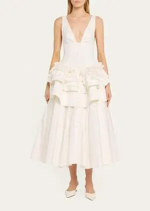 Christopher John Rogers Tiered Ruffle Peplum Midi Dress