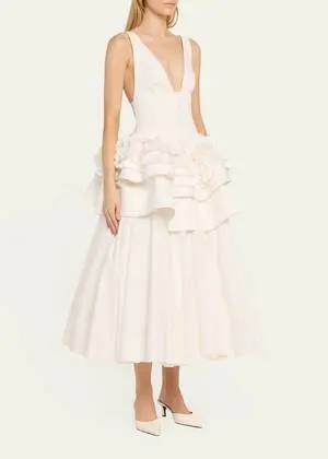 Christopher John Rogers Tiered Ruffle Peplum Midi Dress