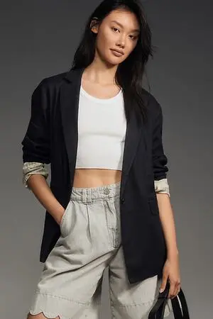 Maeve Tessie European Flax Linen Stretch Blazer - Navy