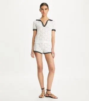 Tory Burch Cotton Pointelle Knitted Polo Shirt