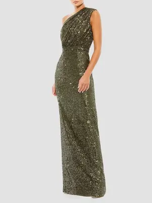 Mac Duggal Sequined Ruched One-shoulder Gown