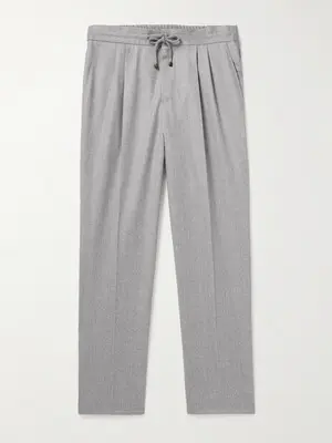 Brunello Cucinelli Tapered Pleated Virgin Wool-flannel Drawstring Trousers - Gray
