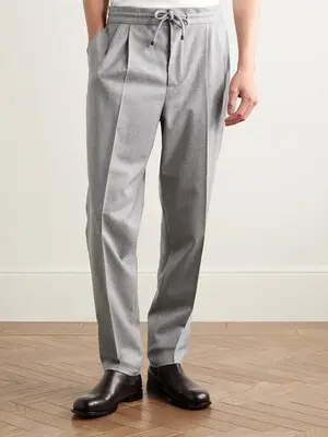 Brunello Cucinelli Tapered Pleated Virgin Wool-flannel Drawstring Trousers - Gray