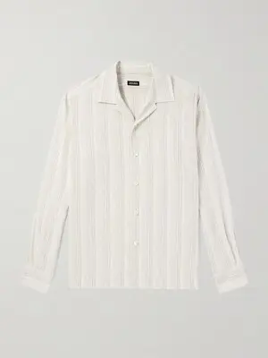Zegna Camp-collar Striped Linen And Silk-blend Shirt - Neutrals