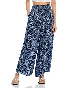 Aqua Ikat Print Smocked Waist Pants - Eclipse