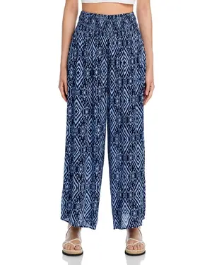 Aqua Ikat Print Smocked Waist Pants - Eclipse