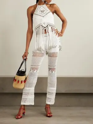 Rabanne Embellished Crocheted Straight-leg Pants - White