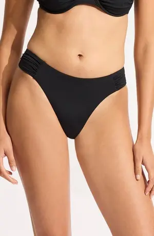 Seafolly Ruched High Cut Bikini Bottoms - Black