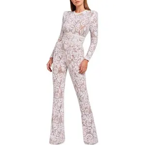 NADINE MERABI Bella Long Sleeve Lace Jumpsuit - White