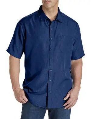 HARBOR BAY BY DXL Microfiber Comfort Grid Sport Shirt Blue Depths