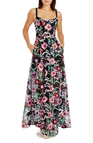 Dress The Population Nina Sequin Floral Gown - Black Multi