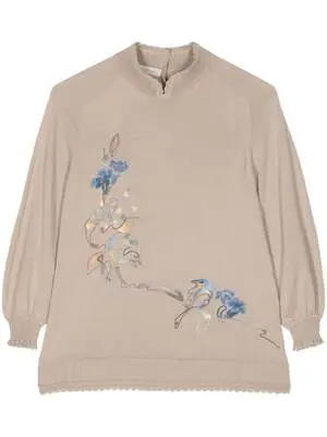 Shiatzy Chen Floral-embroidered Split-neck Jumper - Brown
