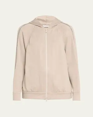 Brunello Cucinelli Hooded Monili Trim Zip-Up Spa Cotton Jacket - Quar