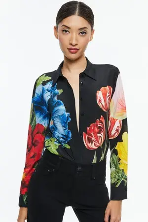 Alice + Olivia Willa Placket Top - Black