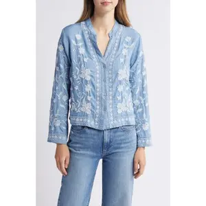 NIKKI LUND Madison Floral Embroidered Chambray Shirt - Blue