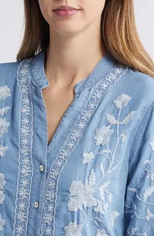 NIKKI LUND Madison Floral Embroidered Chambray Shirt - Blue